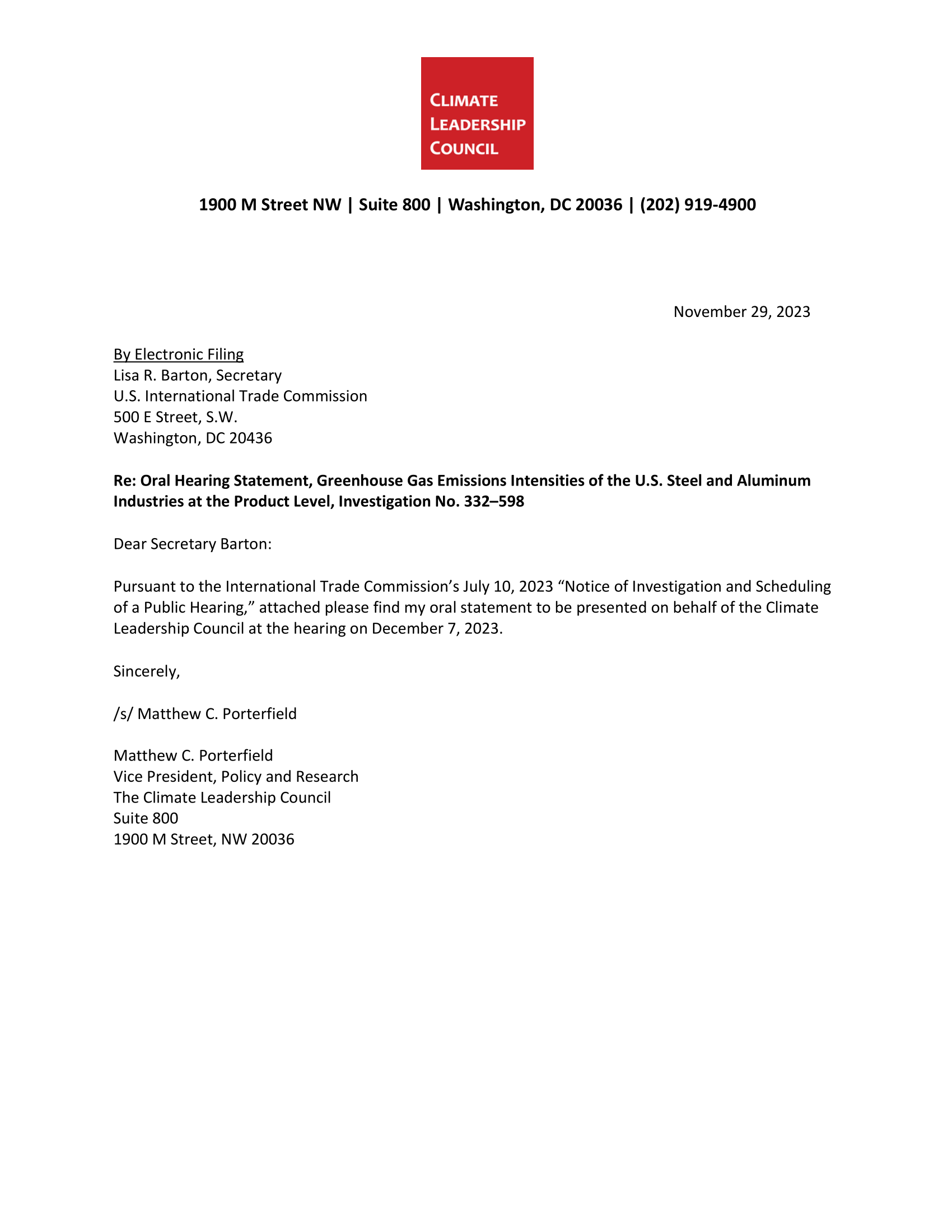 ITC Oral Hearing Statement Climate Leadership Council